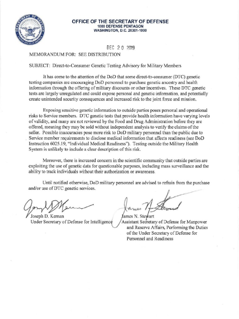 DOD Memo On DNA Testing | PDF