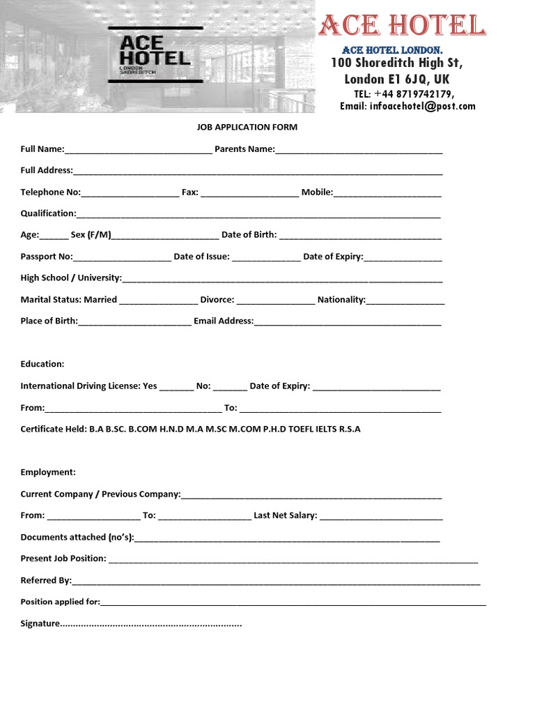 Ace Hotel Job Application Form | PDF | Employment | Business