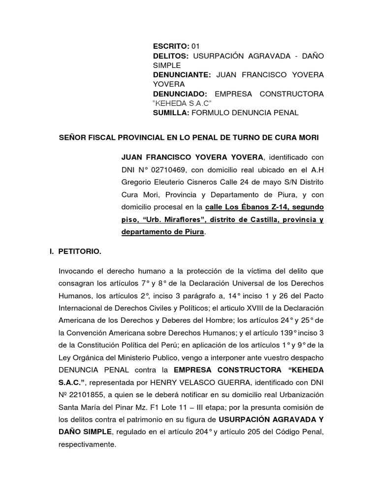 Formulo Denuncia Penal | PDF | Bienes (Ley) | Derecho penal