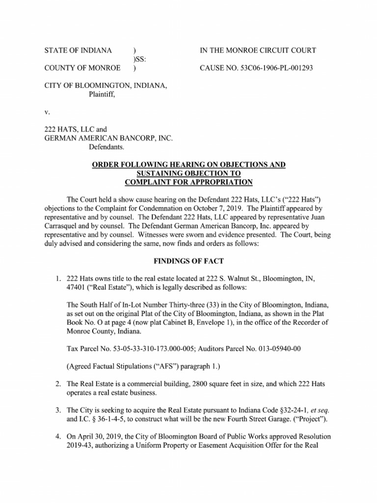 City of Bloomington v. 222 Hats, LLC Order Following Hearing On ...