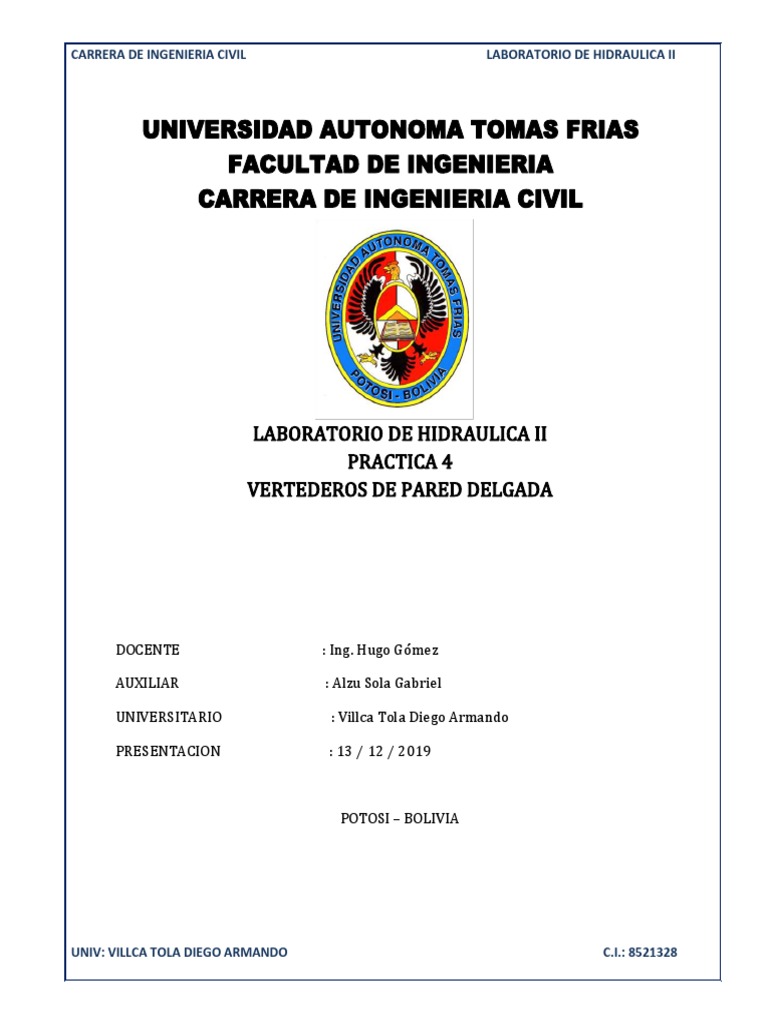 Informe 4 Vertederos de Pared Delgada | PDF | Descarga (hidrología) | Laboratorios