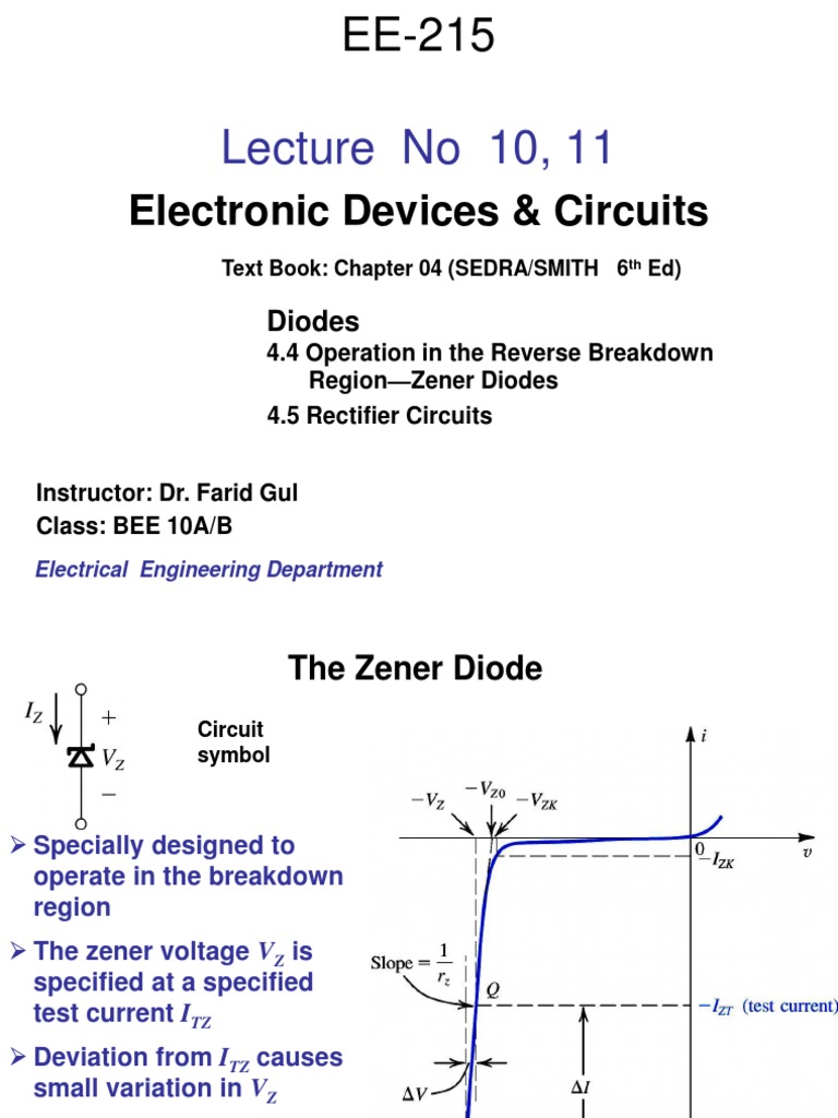 EE-215 Lecture 10, 11 Zener Diode, Rectifier | PDF | Rectifier | Diode