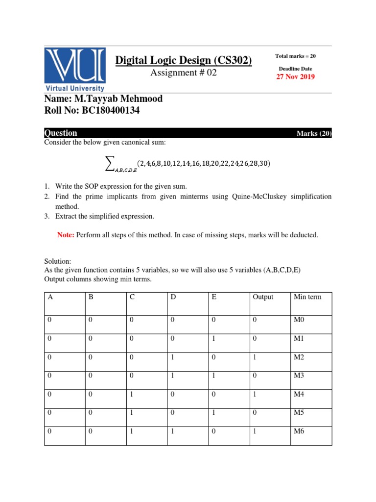 CS302 Assignment 2 Solution Fall 2019 | PDF | Mathematical Logic | Boolean Algebra