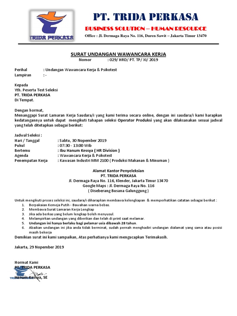Contoh Surat Undangan Wawancara | PDF