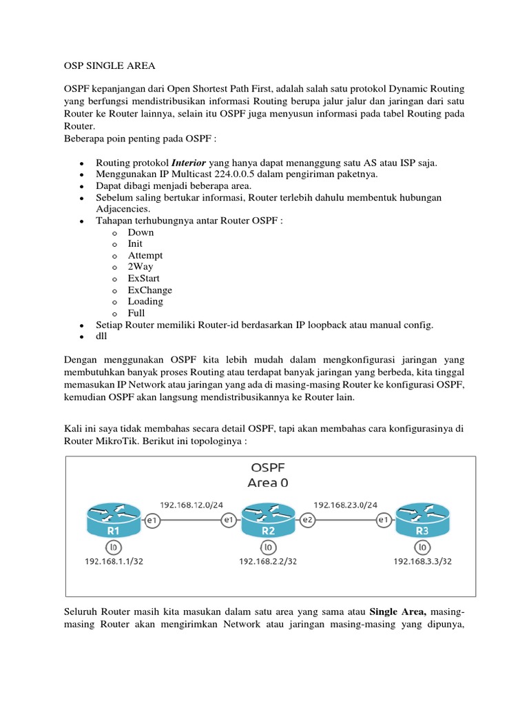 OSPF Single Area Configuration on MikroTik Router | PDF