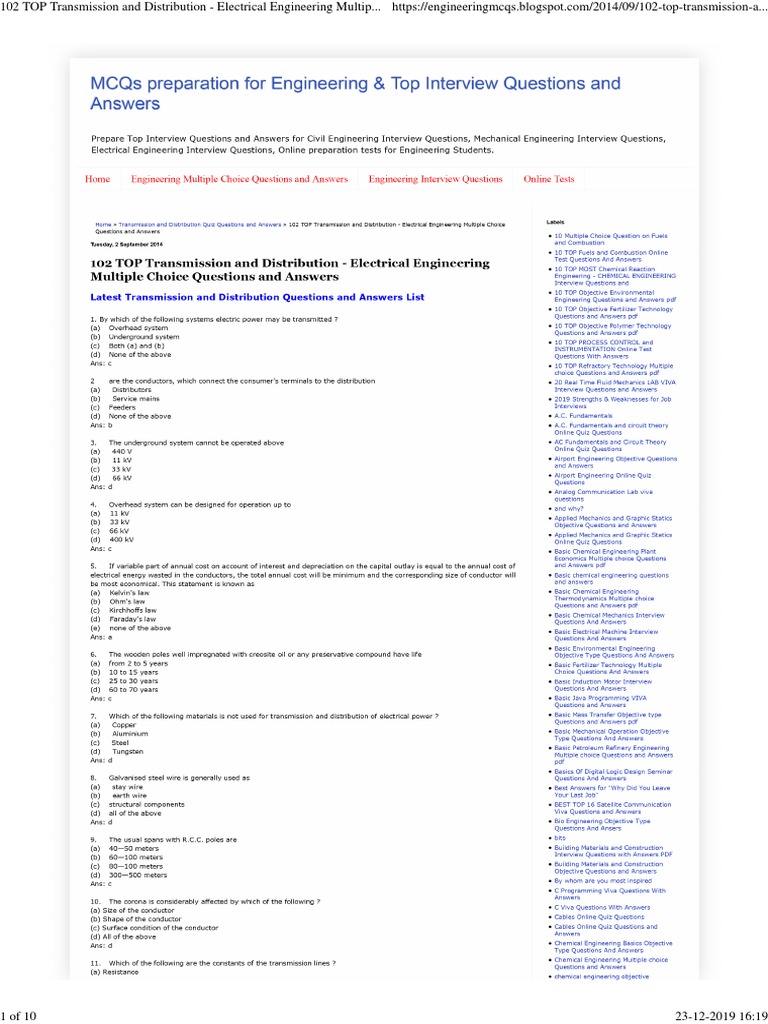 102 TOP Transmission and Distribution - Electrical Engineering Multiple ...