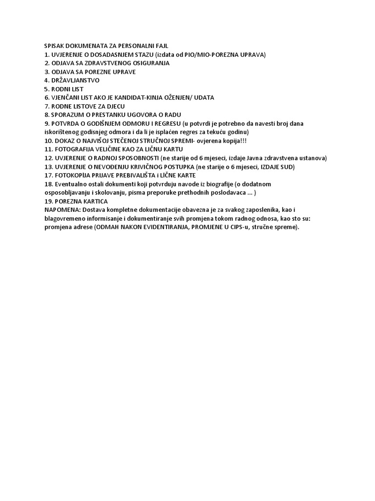 Spisak Dokumenata Za Personalni Fajl | PDF