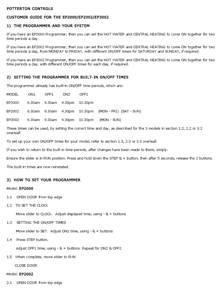 POTTERTON EP2000 EP2002 EP3002 User Manual PDF | PDF | Thermostat | Switch