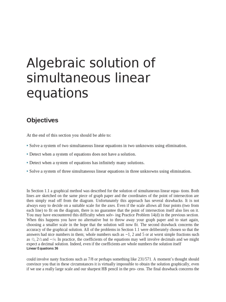 Algebraic Solution of Simultaneous Linear Equations PDF | PDF | System ...