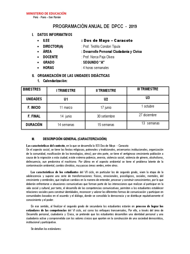 PROGRAMACIÓN ANUAL DE DPCC - SEGUNDO.docx | Evaluación | Aprendizaje | Prueba gratuita de 30 ...