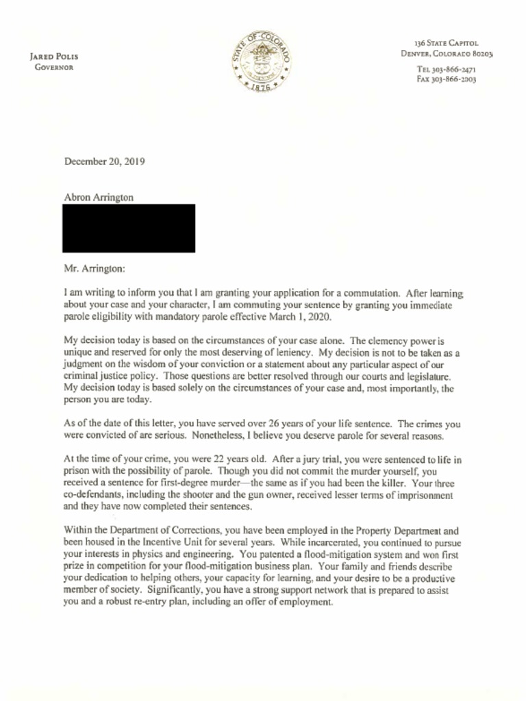 Commutation Letter - Abron Arrington - Redacted | PDF
