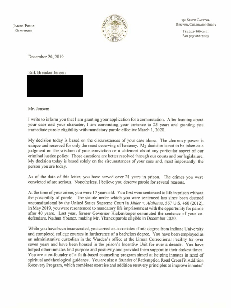 Commutation Letter - Erik Jensen - Redacted | PDF