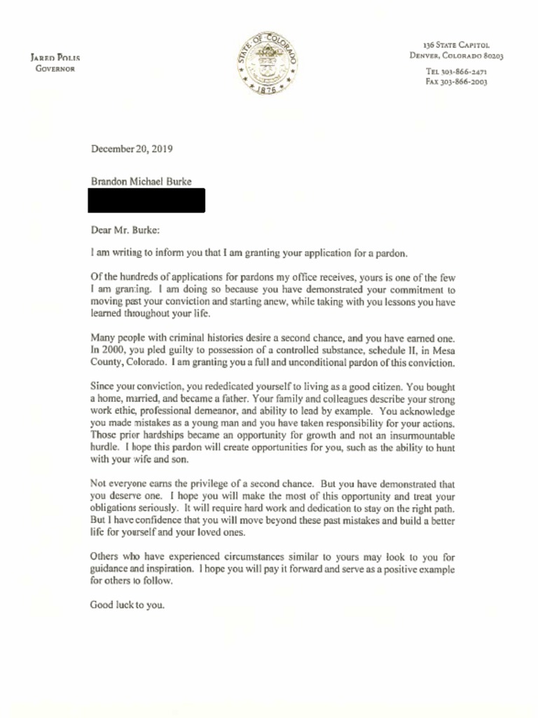 Pardon Letter - Brandon Burke - Redacted | PDF