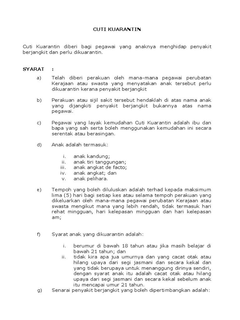 Panduan Cuti Cuti Kuarantin PDF | PDF