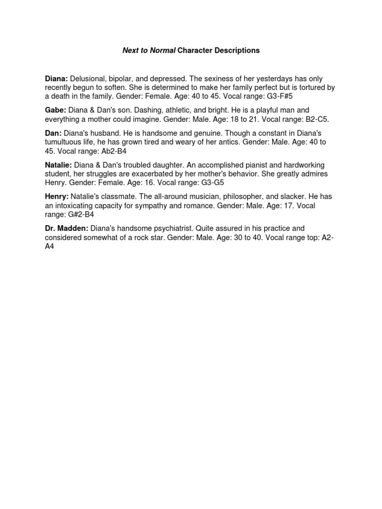 Next To Normal Character Descriptions PDF | PDF
