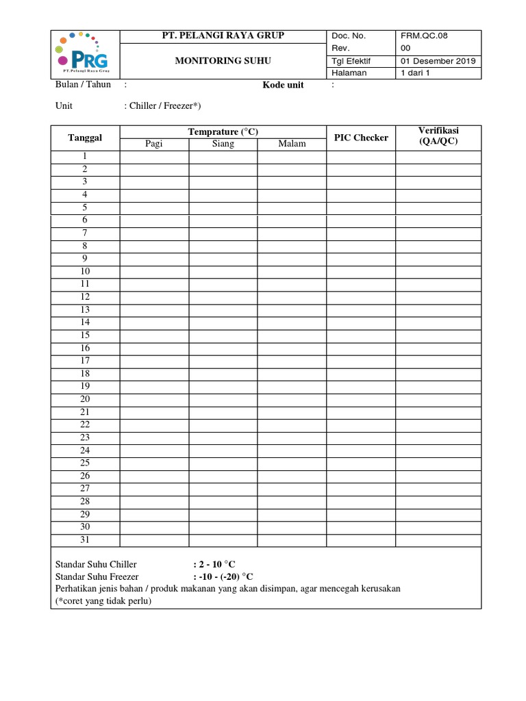 Form Monitoring Suhu Chiller Dan Freezer | PDF