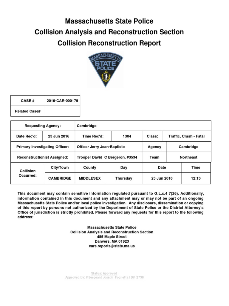 Massachusetts State Police Collision Reconstruction Report | Street ...