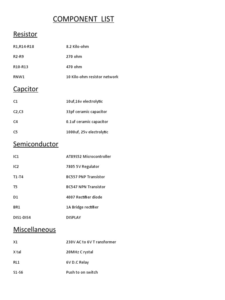 Electronic Component List for Circuit Design | PDF | Science & Mathematics