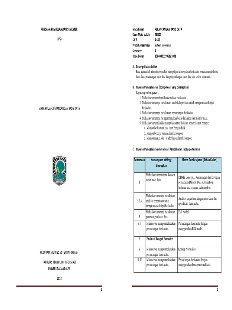 RPS Perancangan Basis Data PDF | PDF