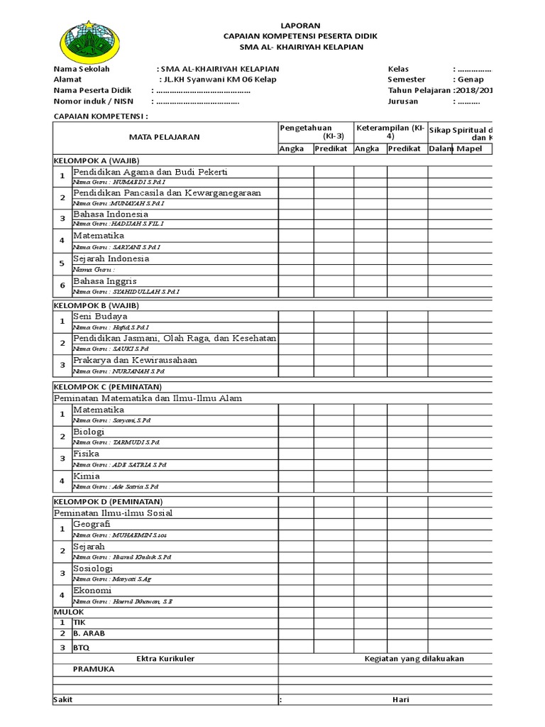 Contoh Raport K13 | PDF
