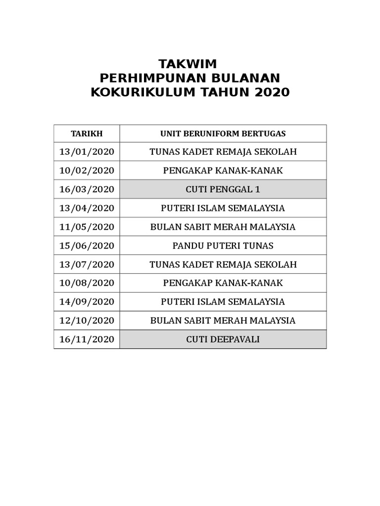 Takwim Perhimpunan Bulanan Kokurikulum Tahun 2020 | PDF
