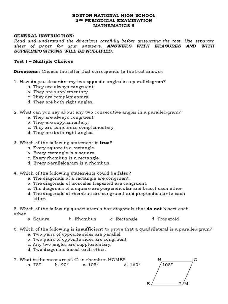 9th Grade Mathematics Exam Covering Properties of Quadrilaterals ...