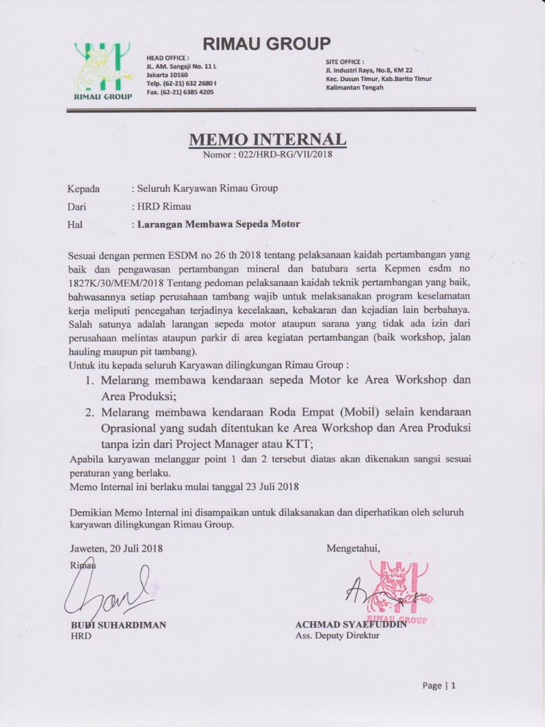 Memo Internal Larangan Membawa Kendaraan Di Area Kerja Tambang PDF | PDF