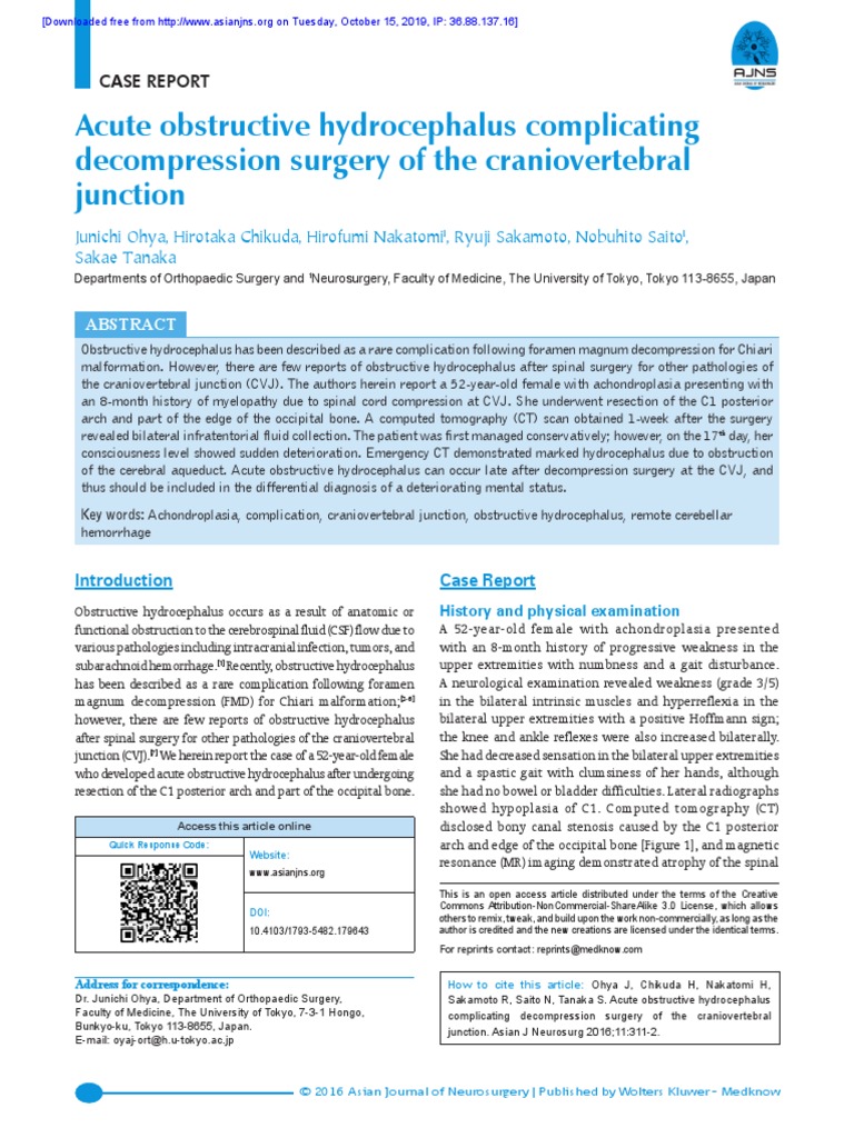 Acute Hydrocephalus Post-Craniovertebral Surgery | PDF | Neurosurgery ...