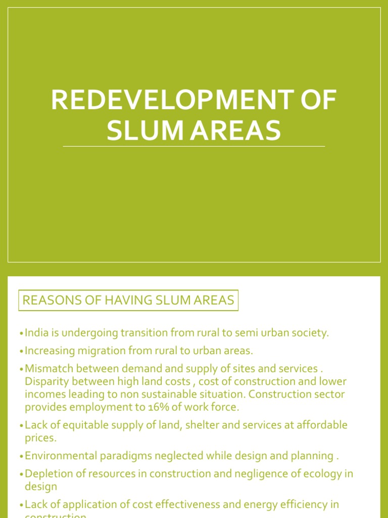 Redevelopment of Slum Areas | PDF | Slum | Sanitation