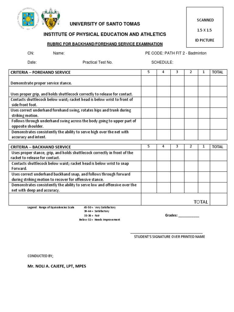 RUBRICS For Service FOREHAND and BACKHAND | PDF | Racquet Sports | Sports