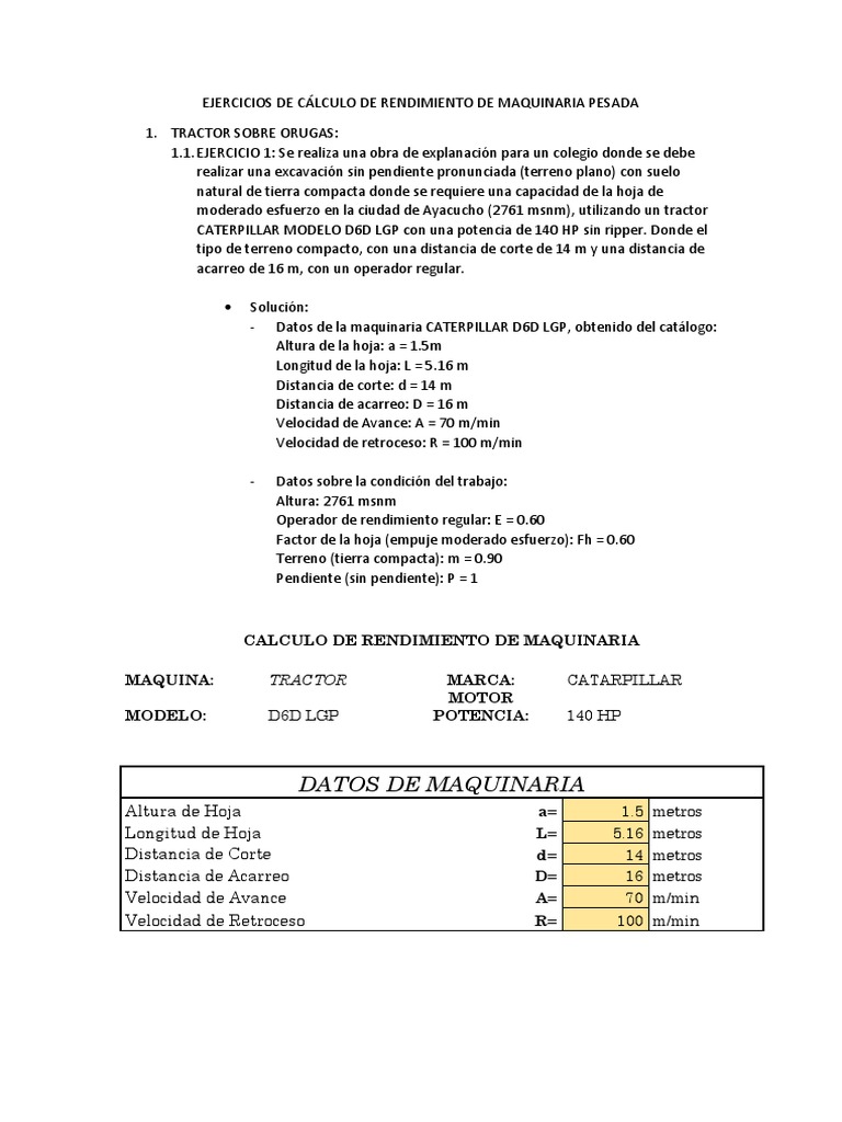Ejercicios De Cálculo De Rendimiento De Maquinaria Pesada Pdf