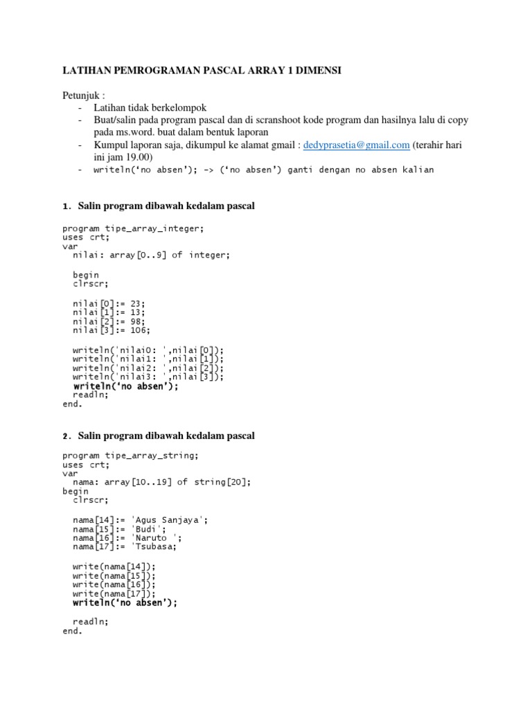 Latihan Pemrograman Pascal Array 1 Dimensi | PDF | Computer Programming | Teaching Mathematics