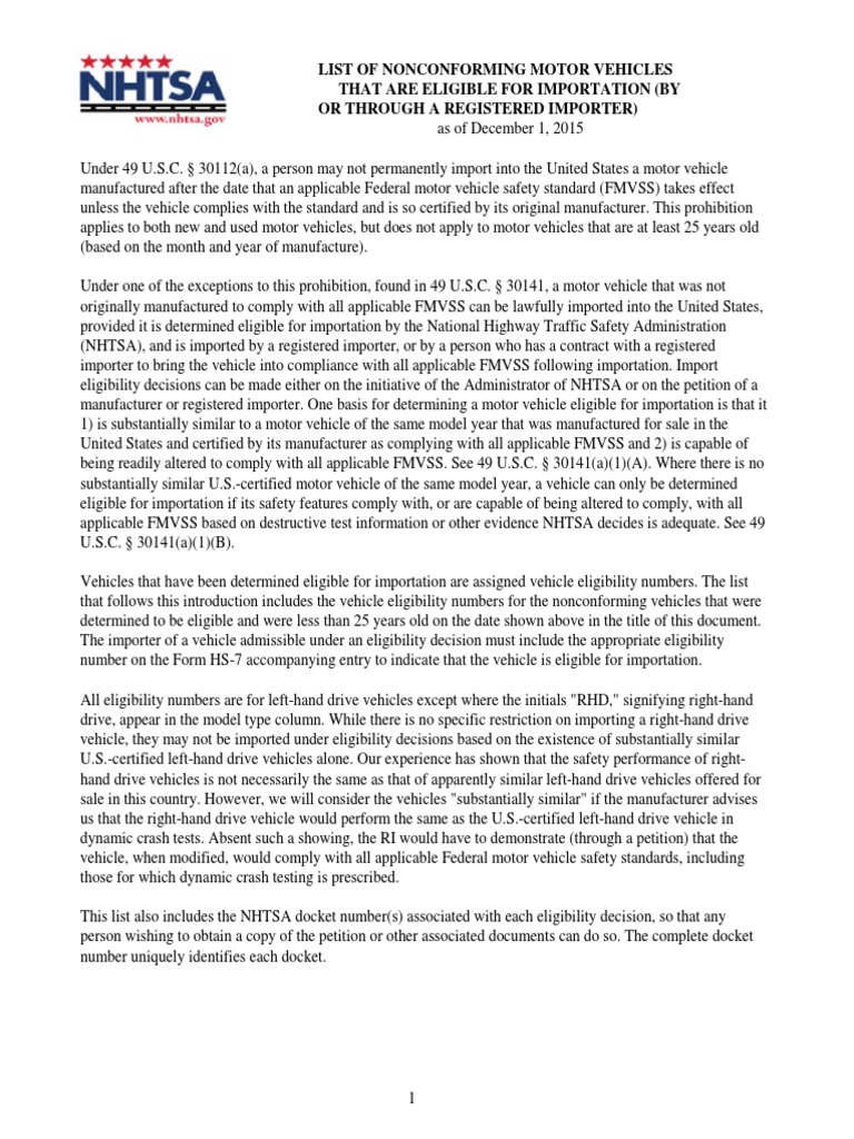 Nhsta - LIST OF NONCONFORMING MOTOR VEHICLES THAT ARE ELIGIBLE FOR ...