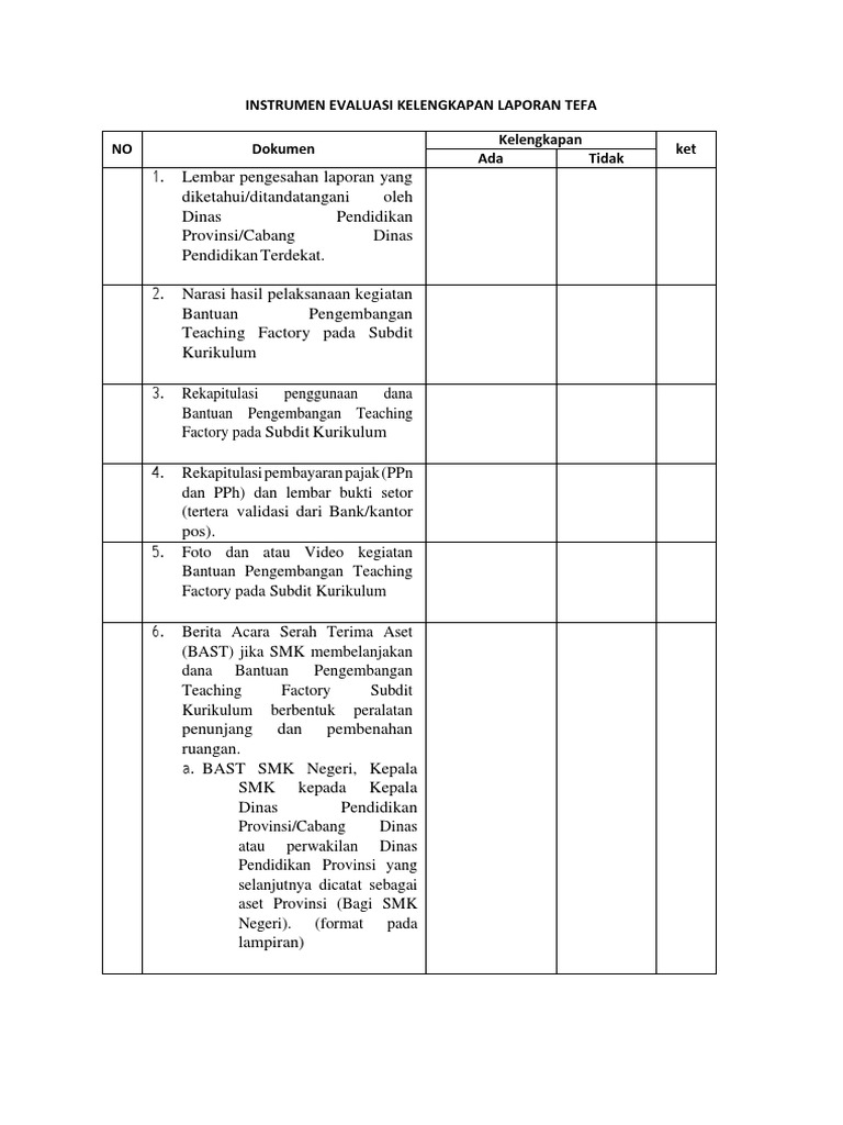 Instrumen Evaluasi Kelengkapan Laporan Tefa | PDF