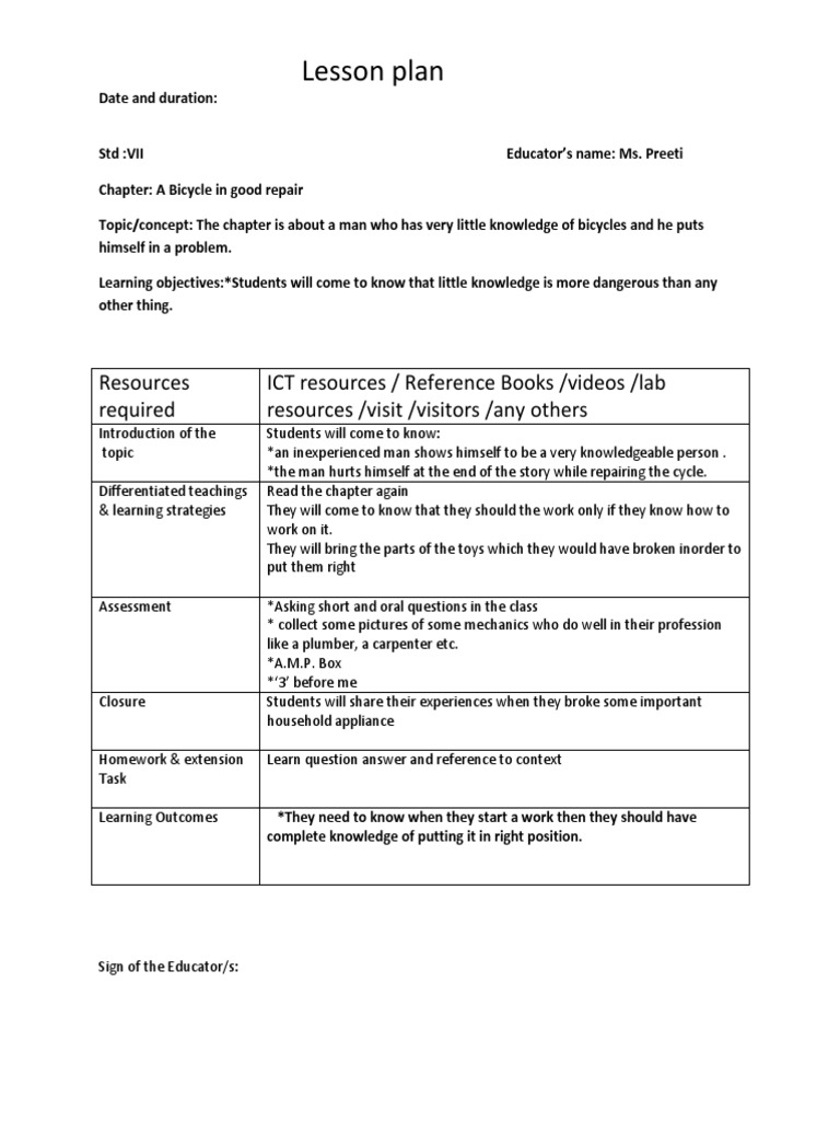 Lesson Plan A Bicycle in A Good Repair | PDF