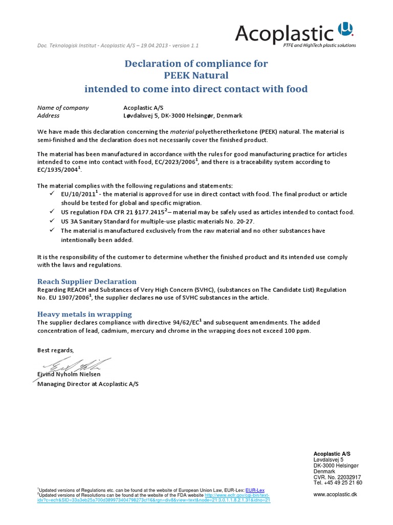 PEEK Compliance for Food Contact | PDF | Government | Government Information