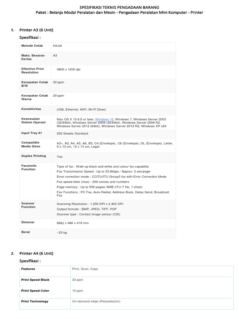 Printer Spesifikasi | PDF