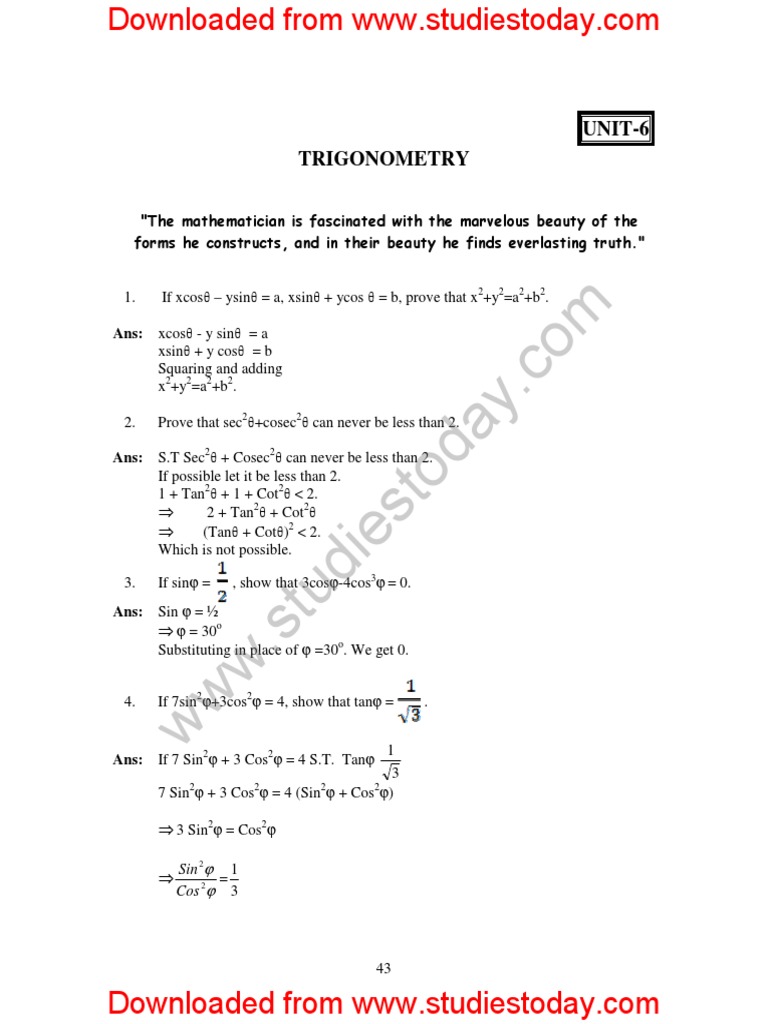 CBSE Class 10 Mathematics HOTs Trigonometry | PDF | Angle | Elementary ...
