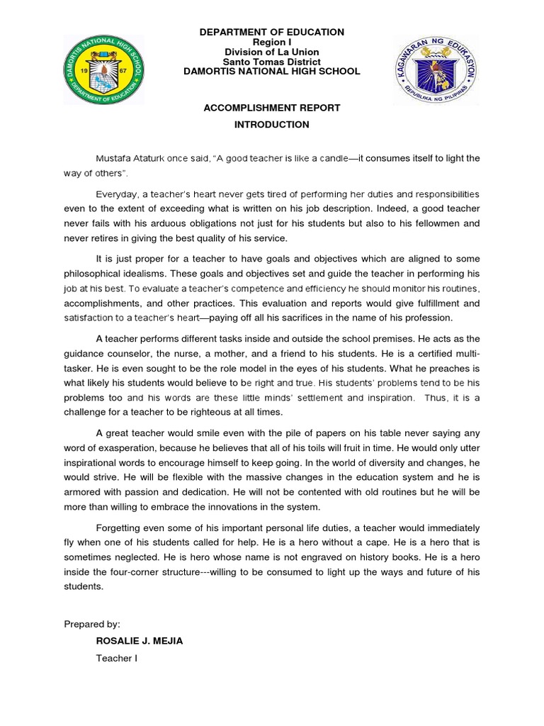 Introduction-Accomplishment Report | PDF | Teachers | Psychological ...