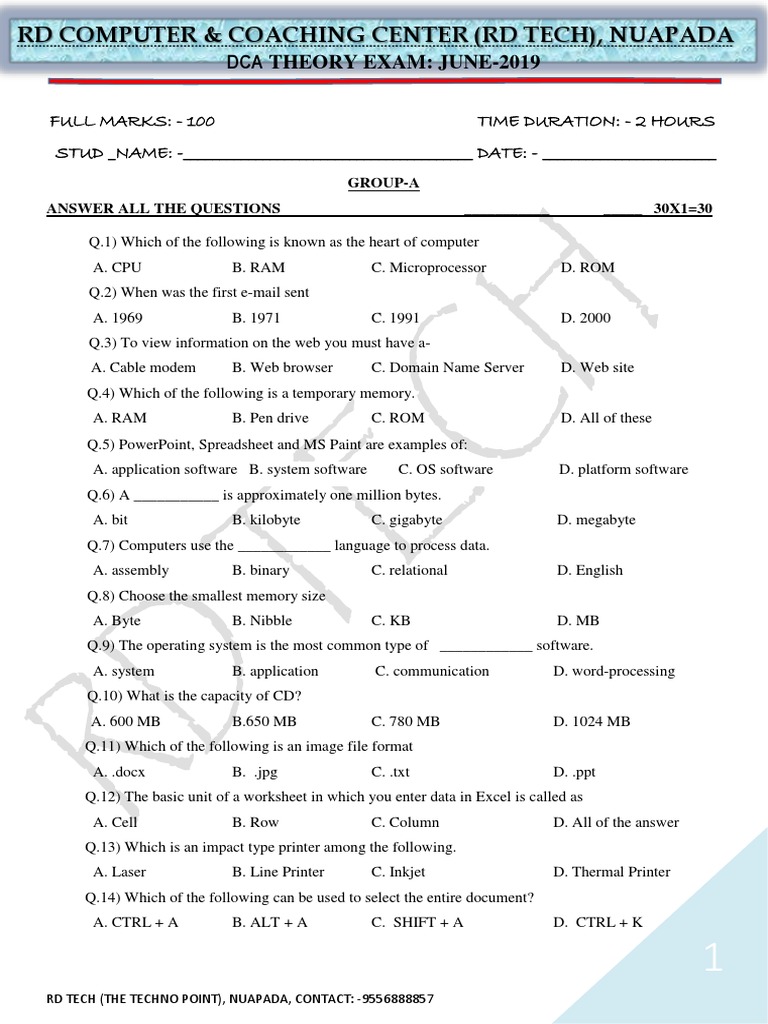 Dca Final Question Paper June-2019 | PDF | Random Access Memory | Operating System