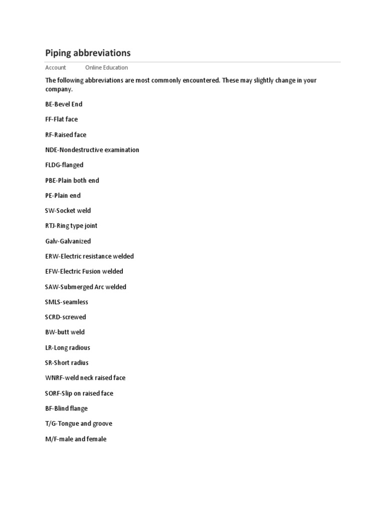 Piping Abbreviations | PDF