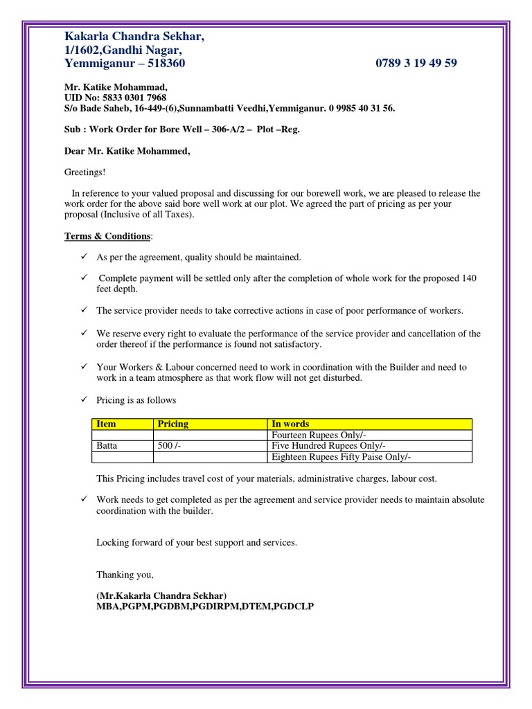 Bore Well Work Order | PDF