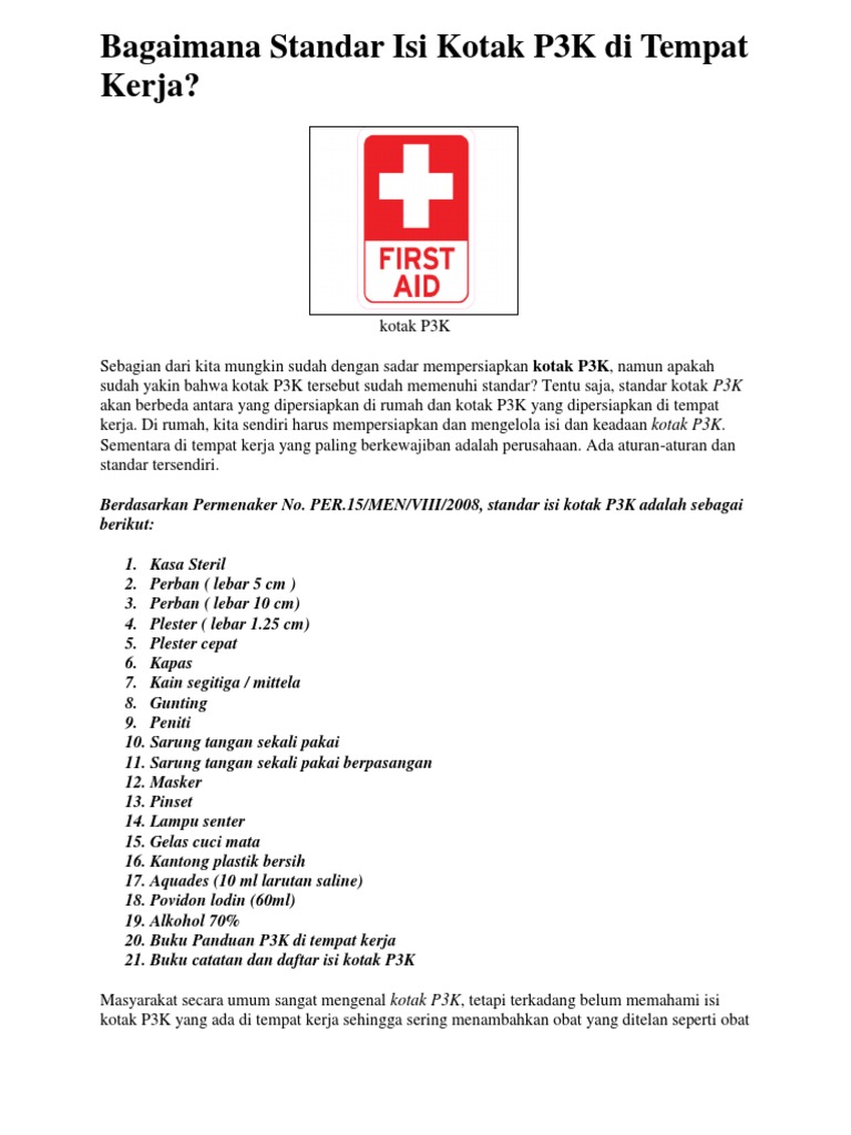 Bagaimana Standar Isi Kotak P3K Di Tempat Kerja | PDF