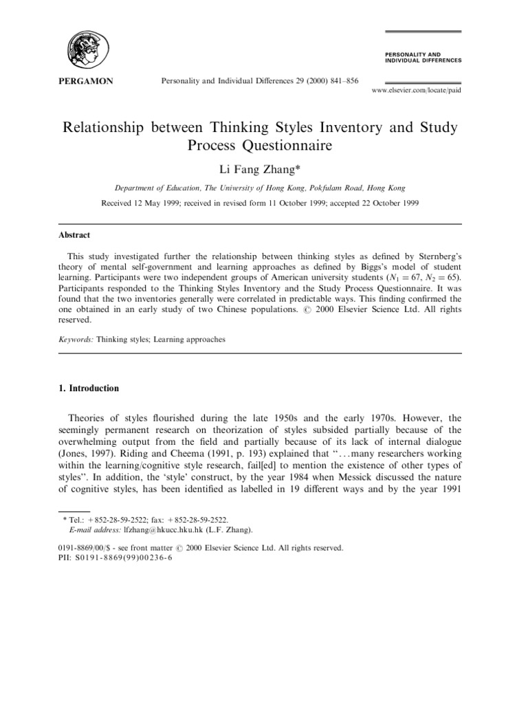 Relationship Between Thinking Styles Inventory and Study Process Questionnaire | PDF | Learning ...