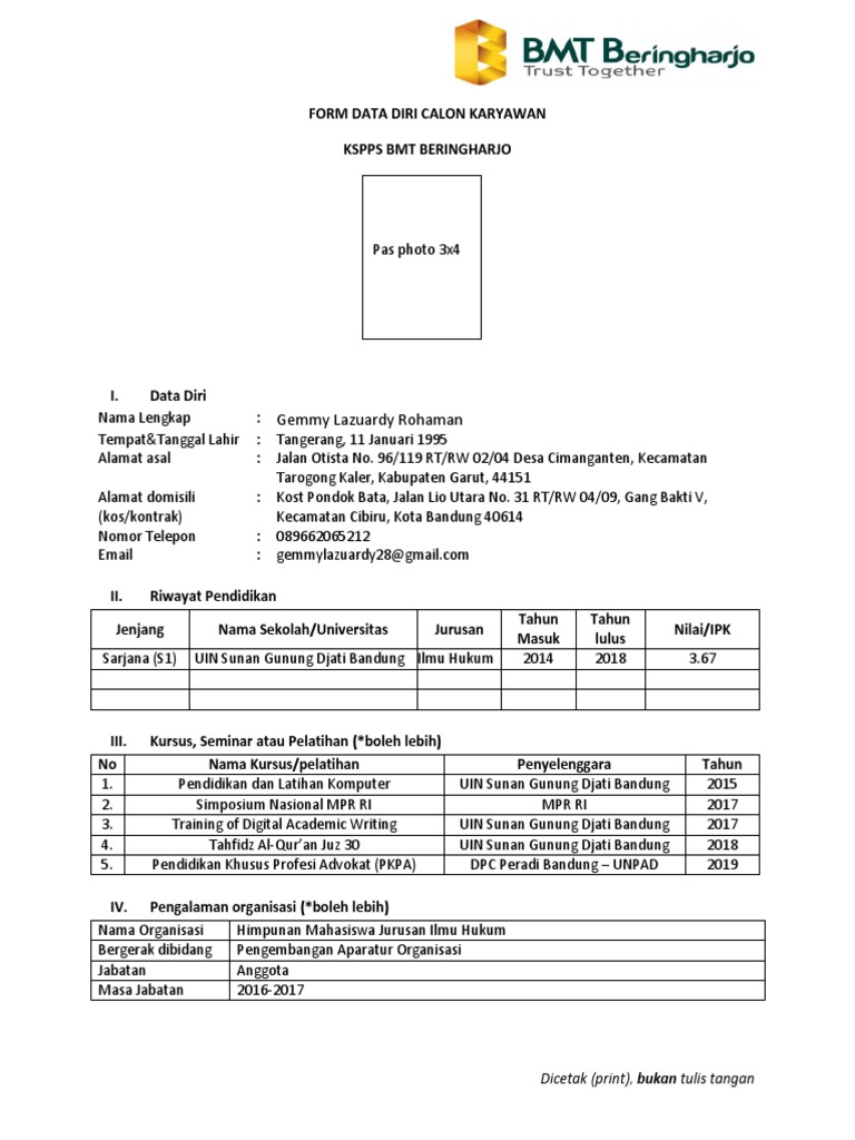 Form Data Diri Calon Karyawan | PDF