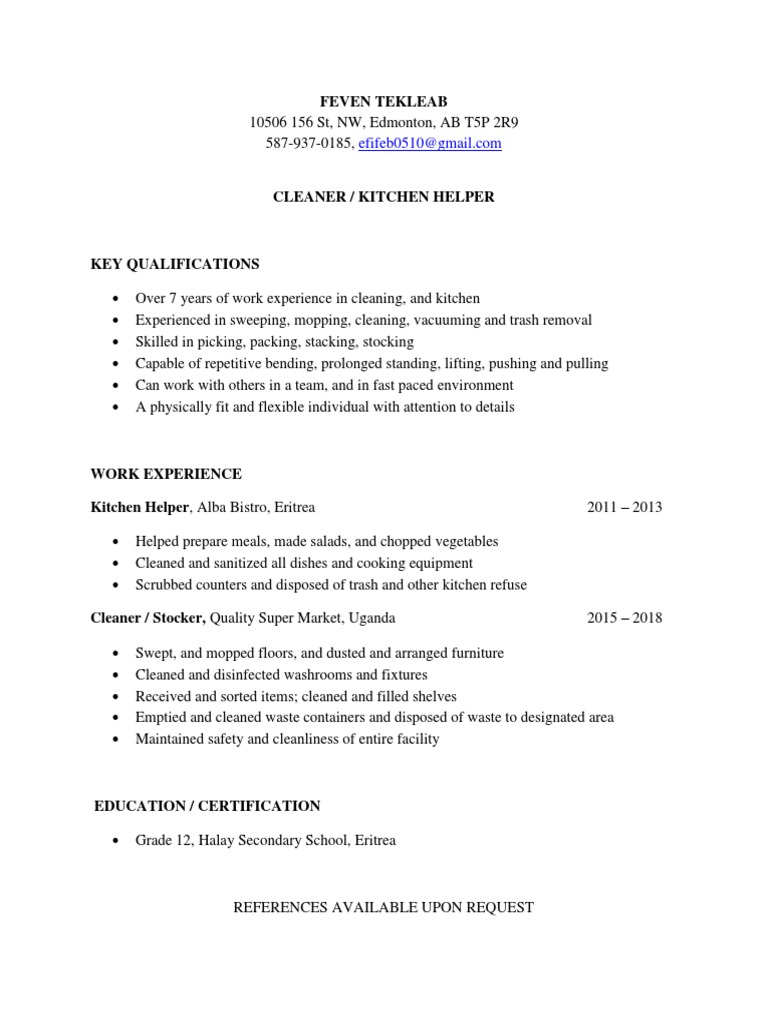 TEKLEAB - FEVEN Resume Cleaner, Kitchen Helper | PDF