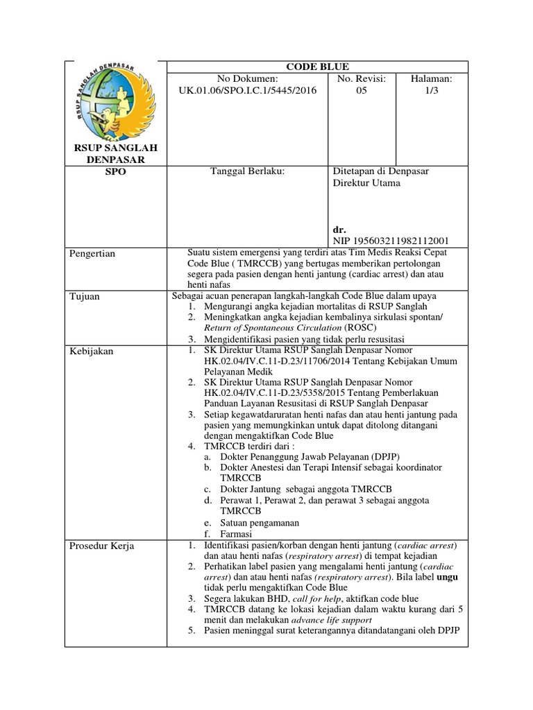 SOP CODE BLUE 2016 Edit Alit | PDF