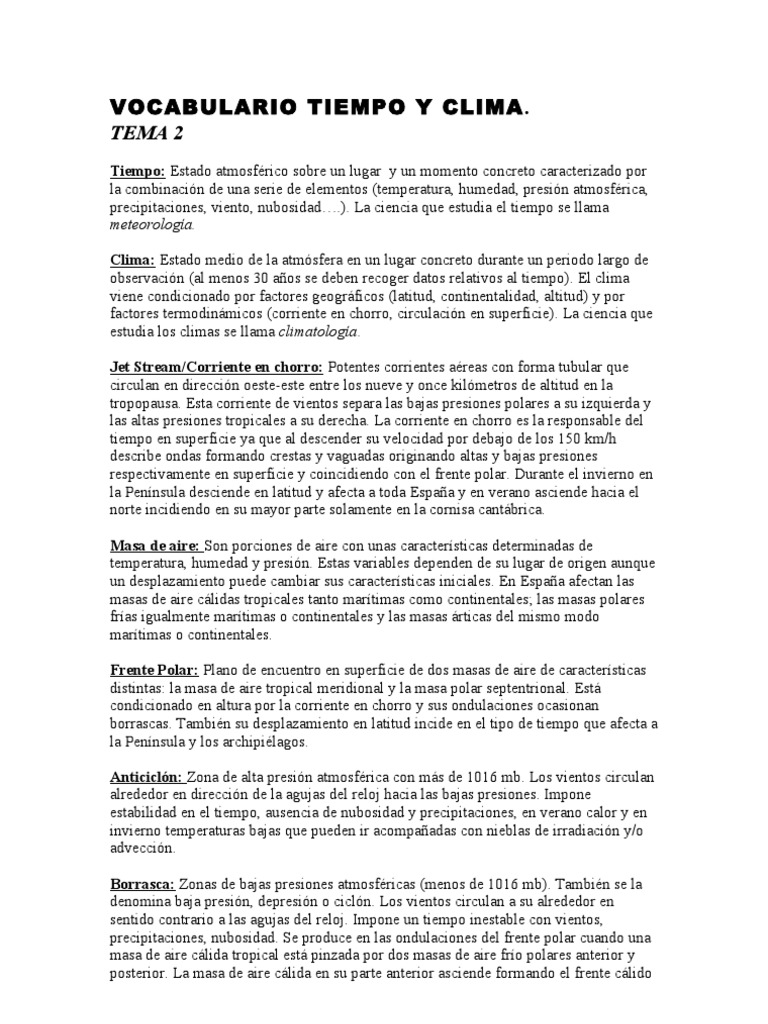 Vocabulario Tiempo y Clima | PDF | Corriente en chorro | Herida