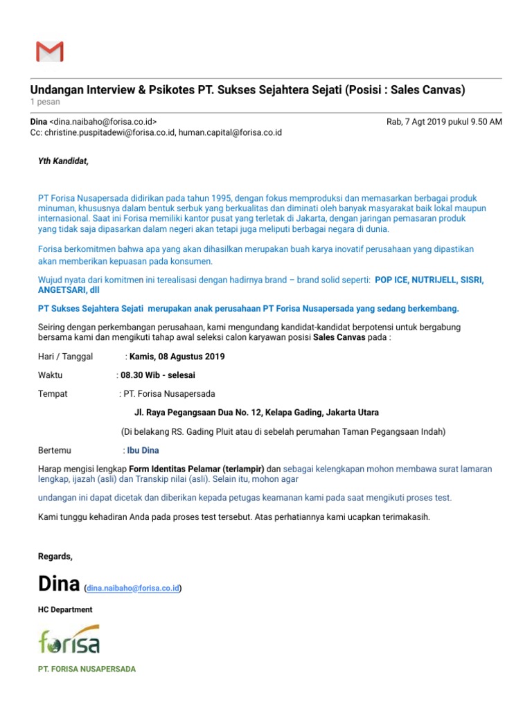 Gmail - Undangan Interview & Psikotes | PDF