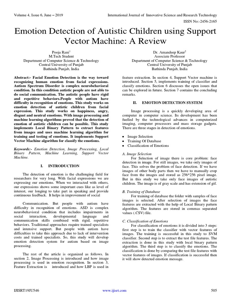 Emotion Detection of Autistic Children Using Support Vector Machine: A ...